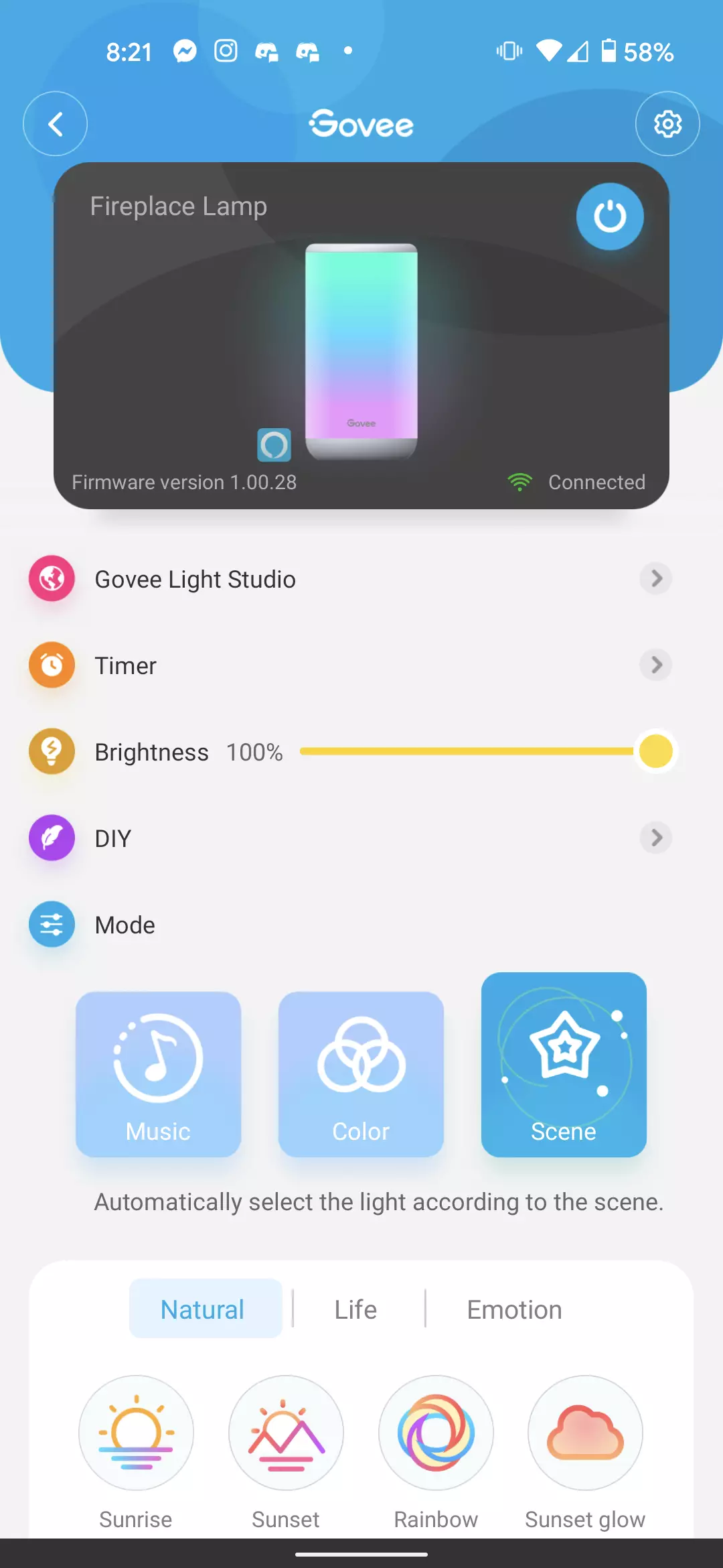 slika aplikacije Govee z aktivno svetilko Aura