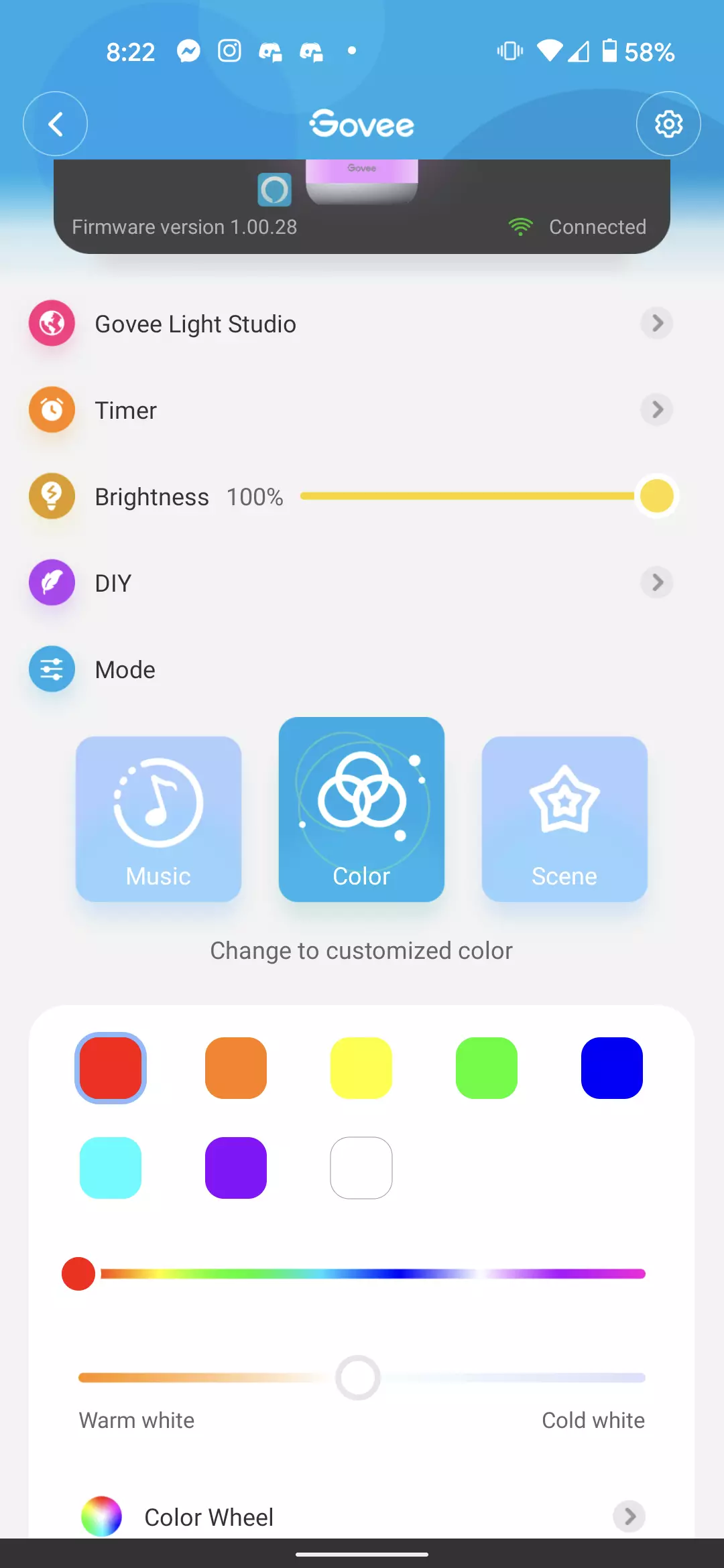 Govee-appen, der viser den ensfarvede mulighed for Aura-lampen