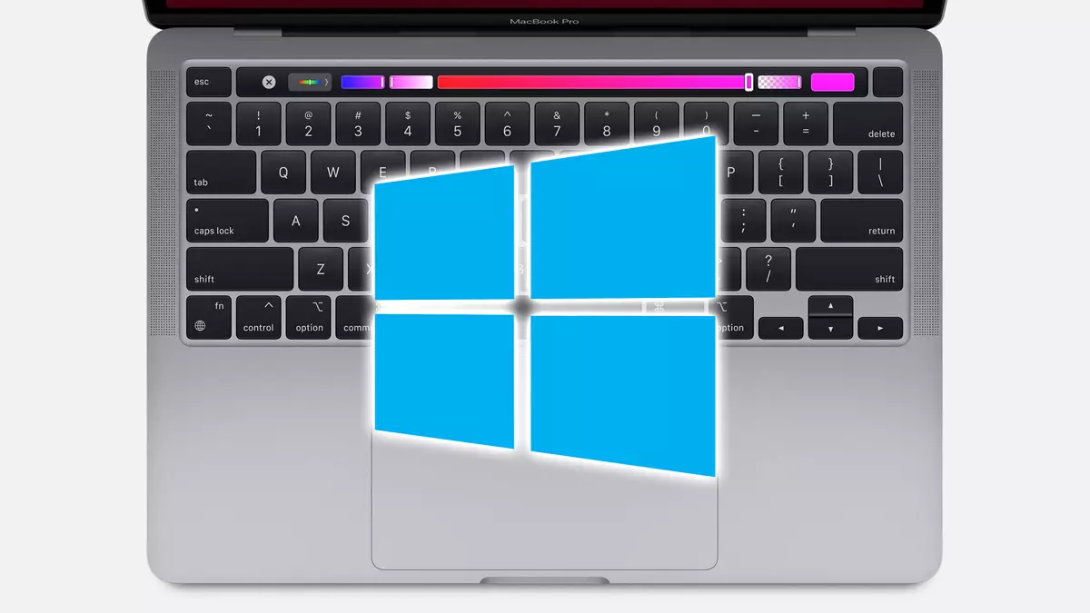 Windows 10 logotipoa MacBook Pro baten gainean