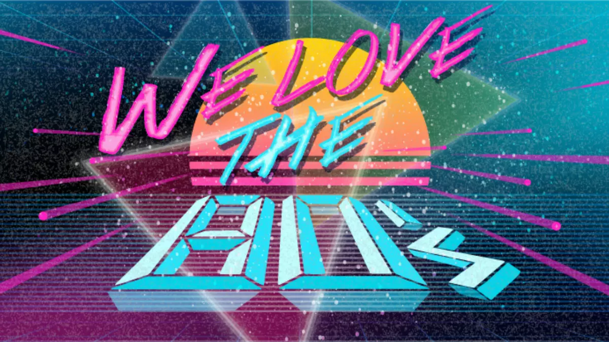 Anos 80, Adoramos o texto dos anos 80 em fonte retrô em fundo com tema neon