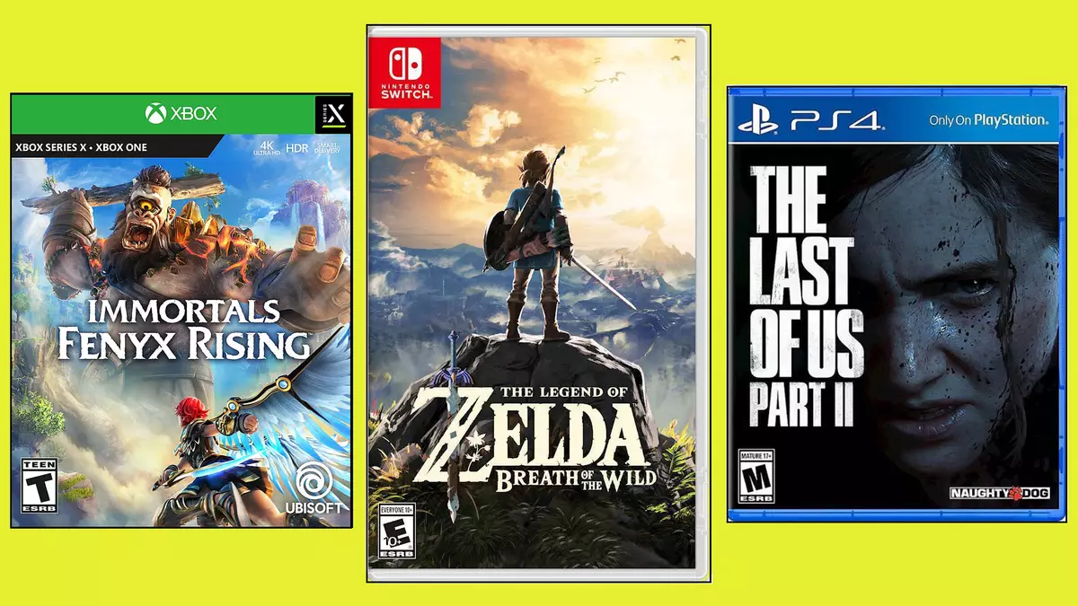 Įvairūs vaizdo žaidimai, skirti Nintendo Switch, PlayStation ir Xbox geltoname fone