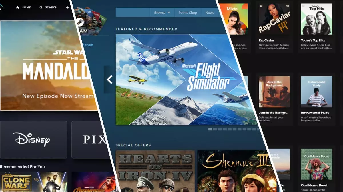 gambar Disney+ Home Page, Steam Storefront, lan Spotify Home Page.