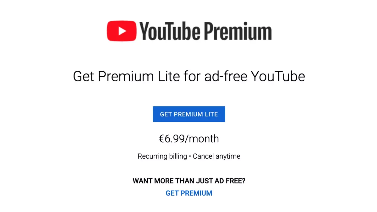 a YouTube Premium Lite oldal képe.