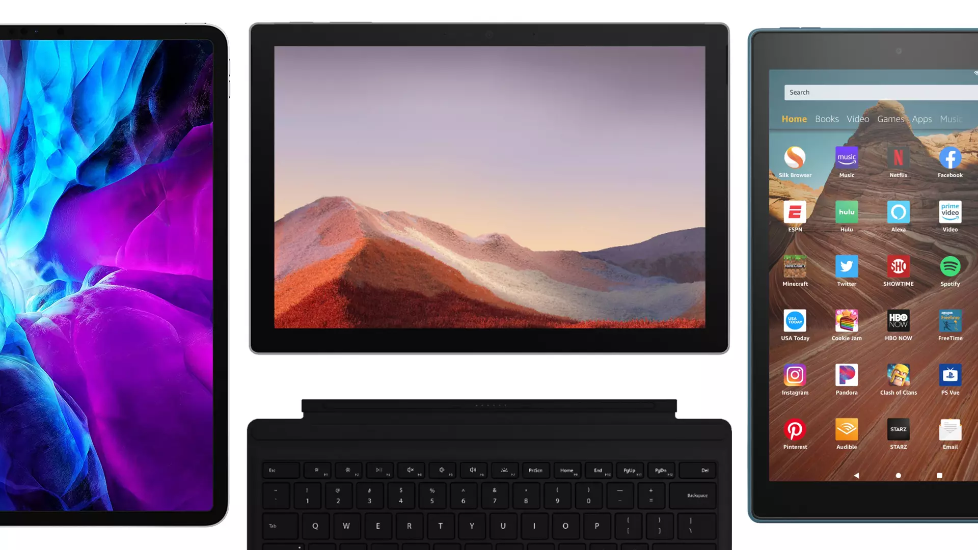 iPad Pro, Surface Pro 7 un Fire 10 planšetdators.