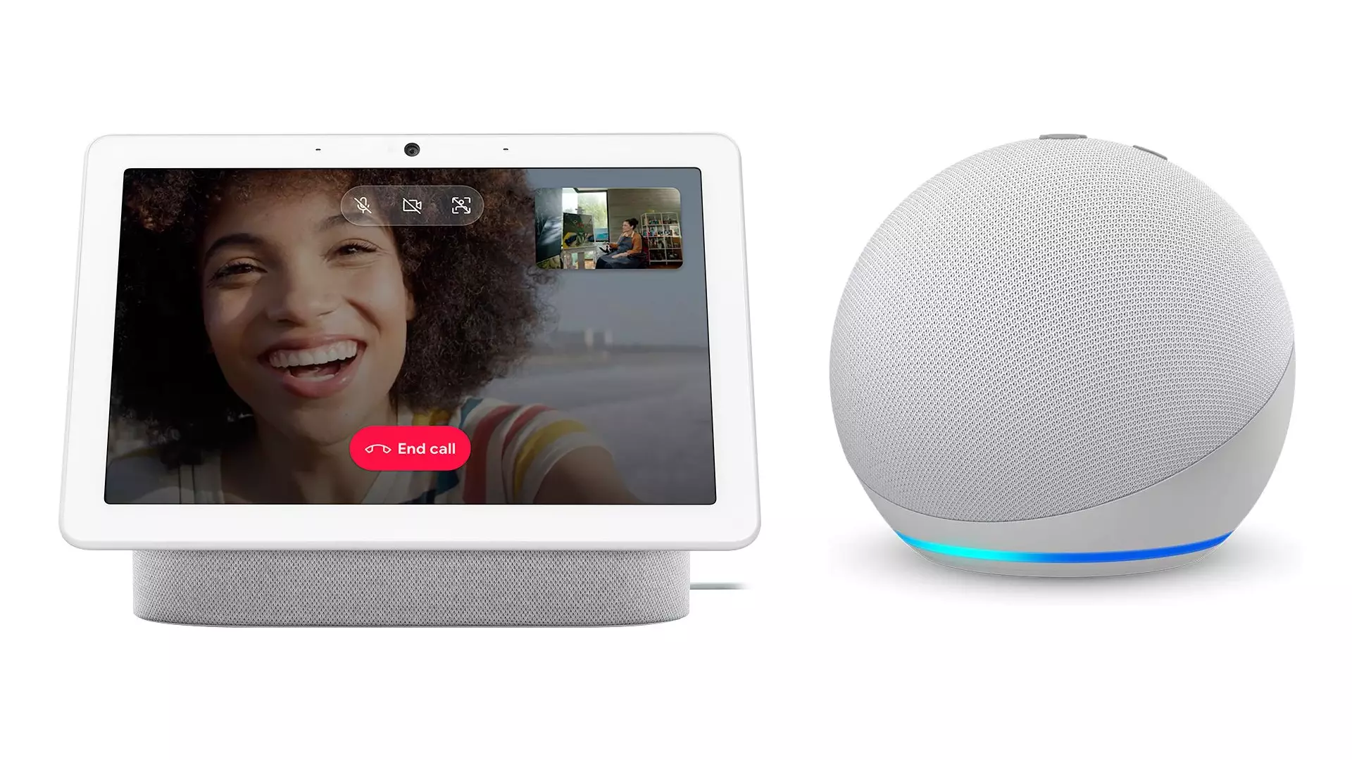 La Google Nest Hub Max kaj la inteligenta laŭtparolilo Echo Dot.