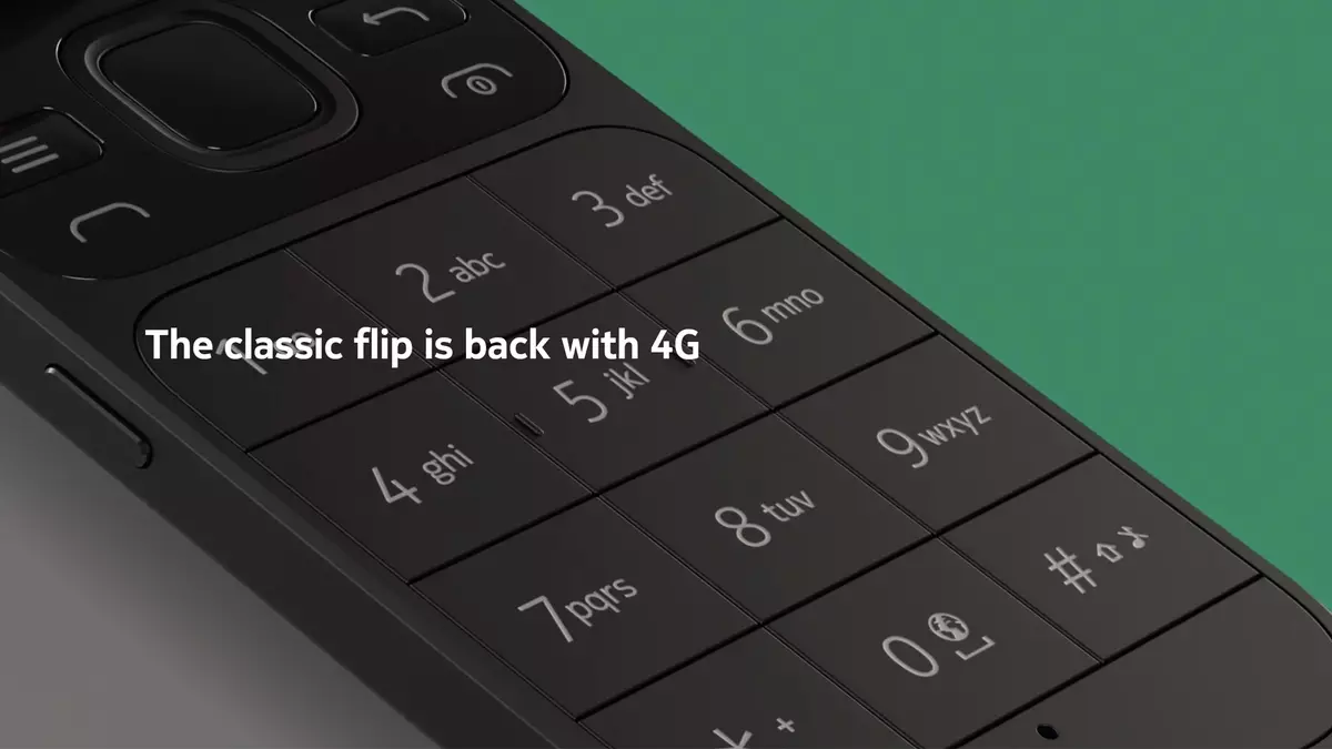 Частичен изглед на новия Nokia 2720 V Flip на обикновен зелен фон