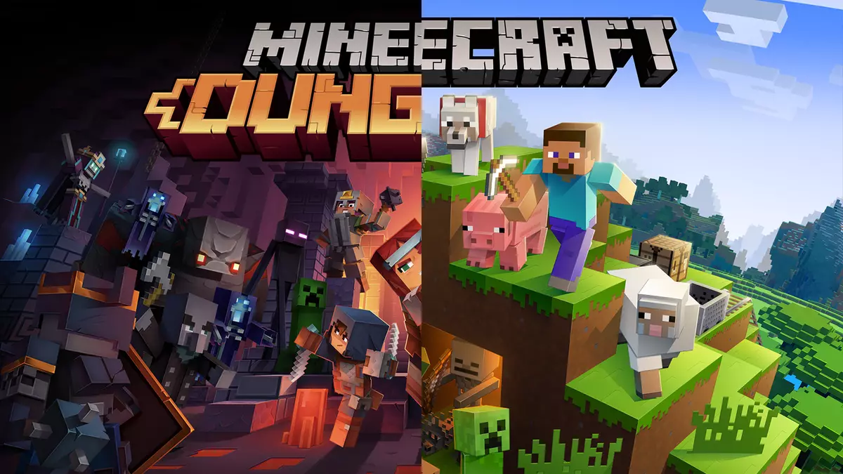 'Minecraft Dungeons' və 'Minecraft:Java Edition'ın bölünmüş görünüşü.