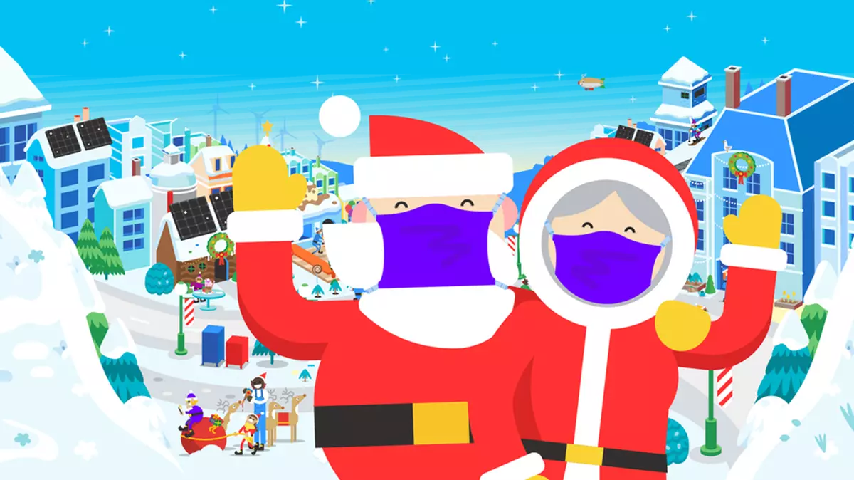 Papá Noel y la Sra. Claus en un pueblo con máscaras.