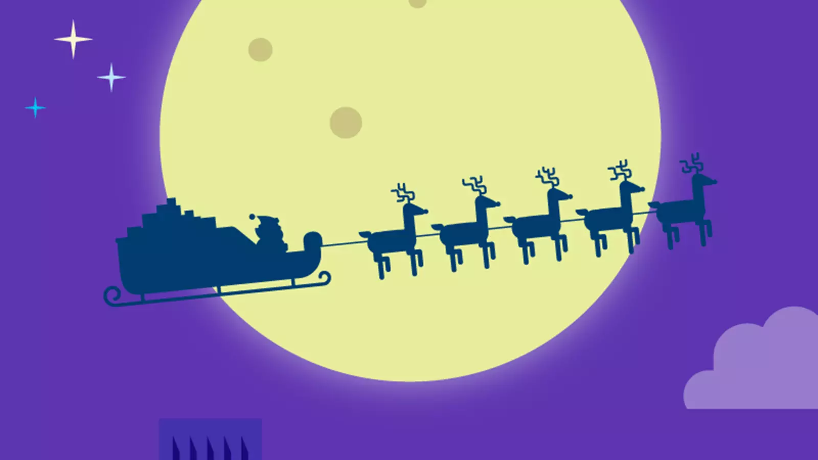 סנטה על המזחלת שלו עף בלילה עם איילים.