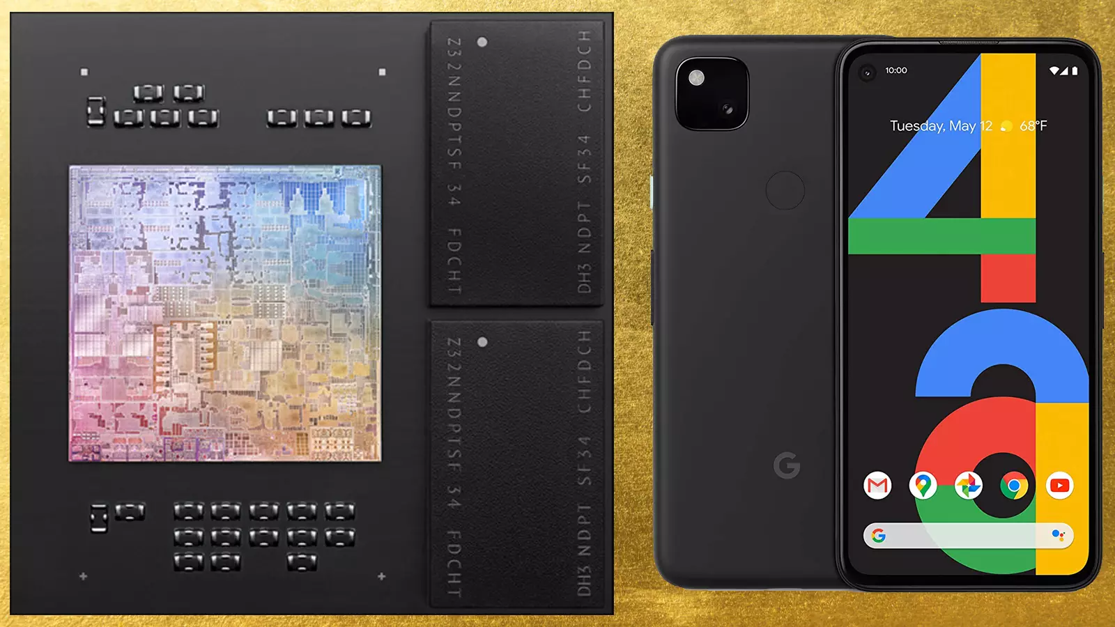 Apple M1-chip och Google Pixel 4a-smarttelefon ovanpå en bladguld strukturerad bakgrund