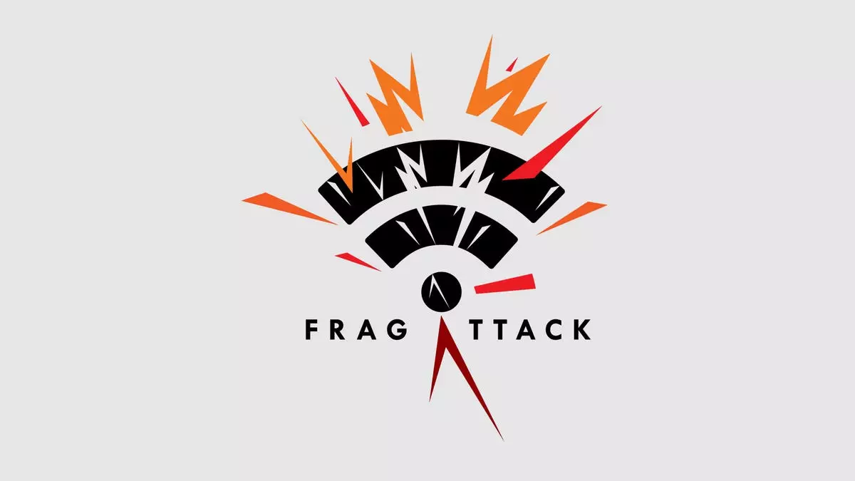 FragAttack-logo (wifi-symboli, jossa on useita rikkinäisiä symboleja) harmaalla taustalla.