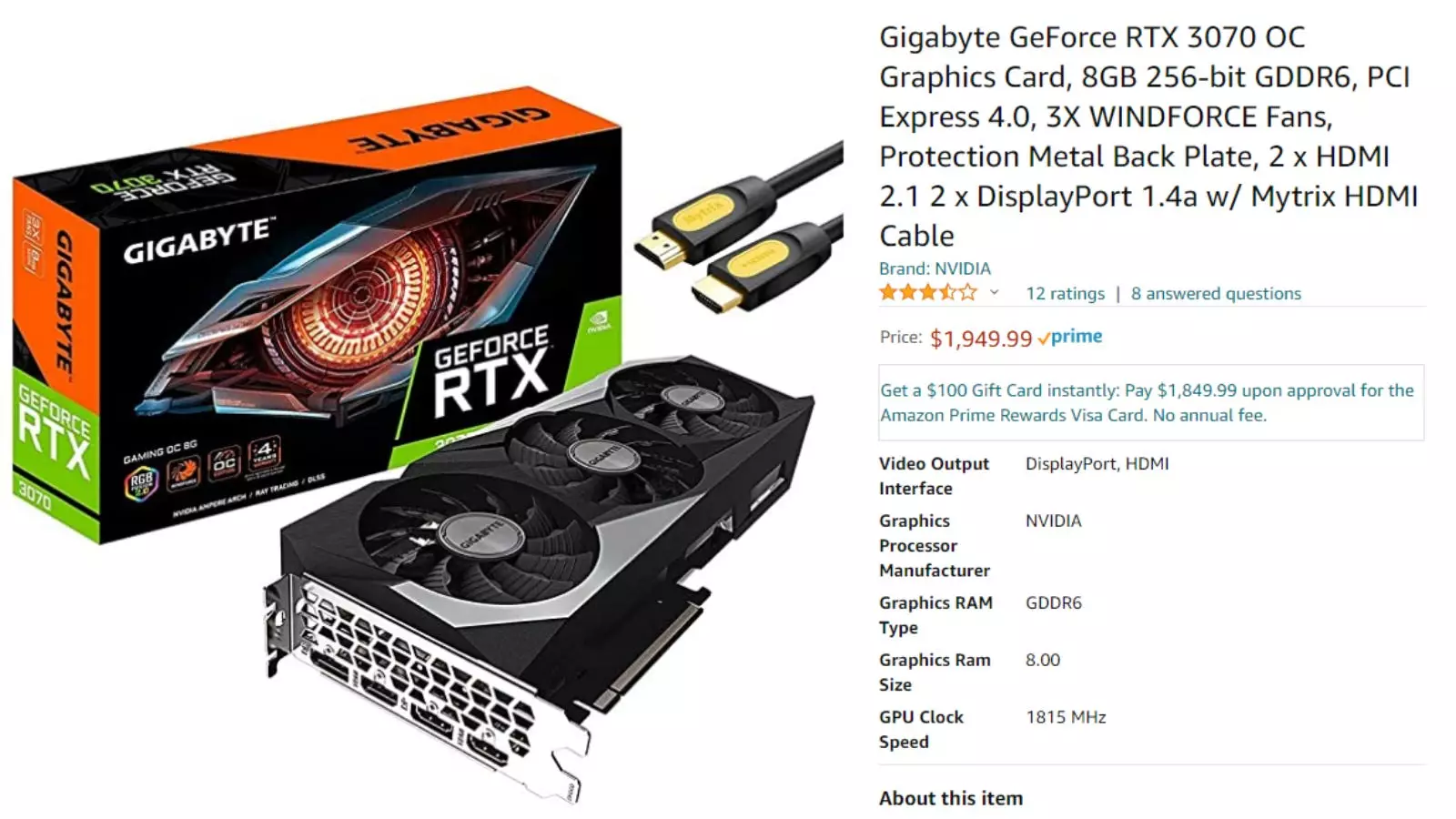 Gigabyte Geforce RTX 3070 listing Amazon