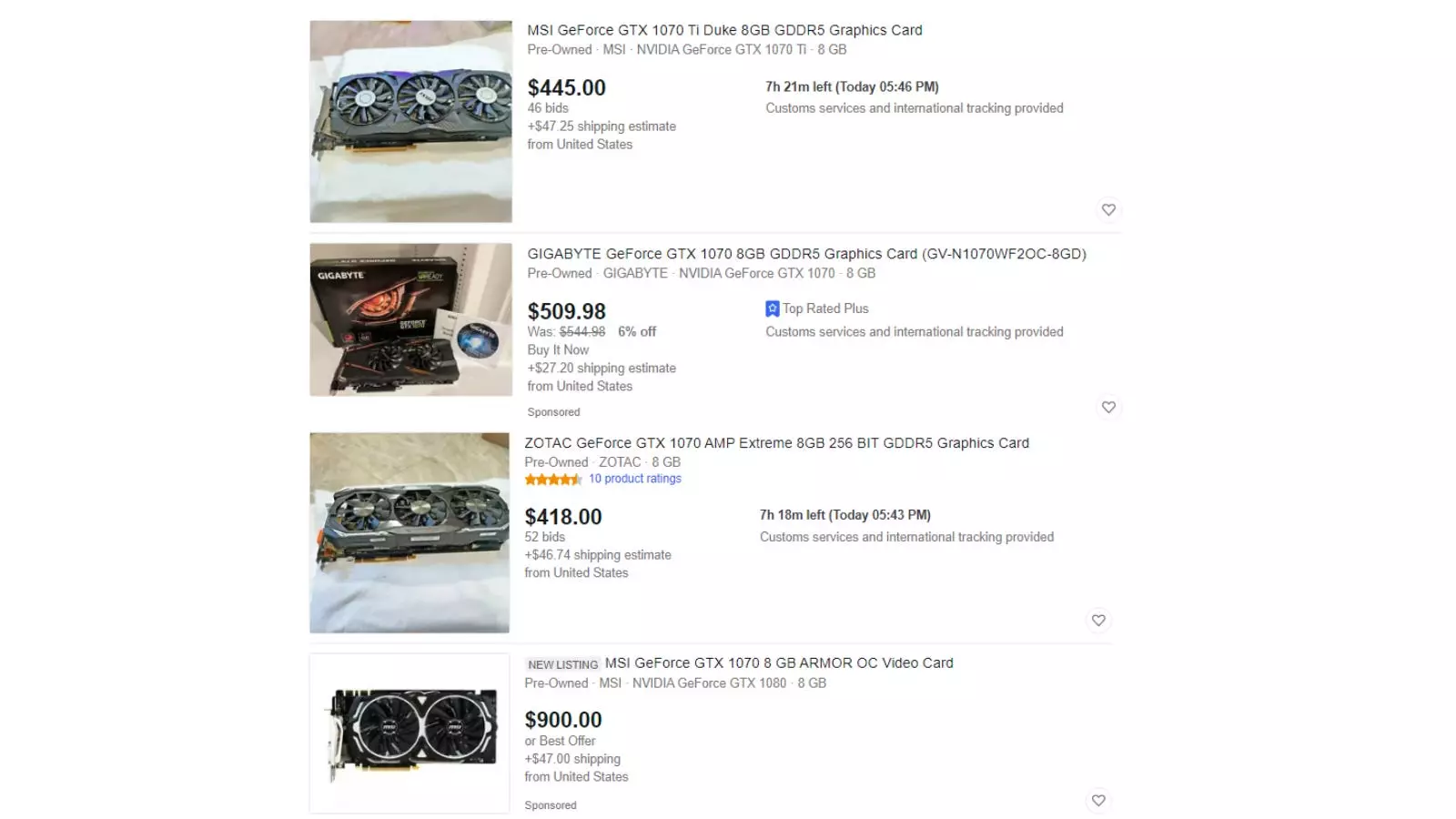 Vairāki eBay saraksti ar GTX 1070 par paaugstinātām cenām