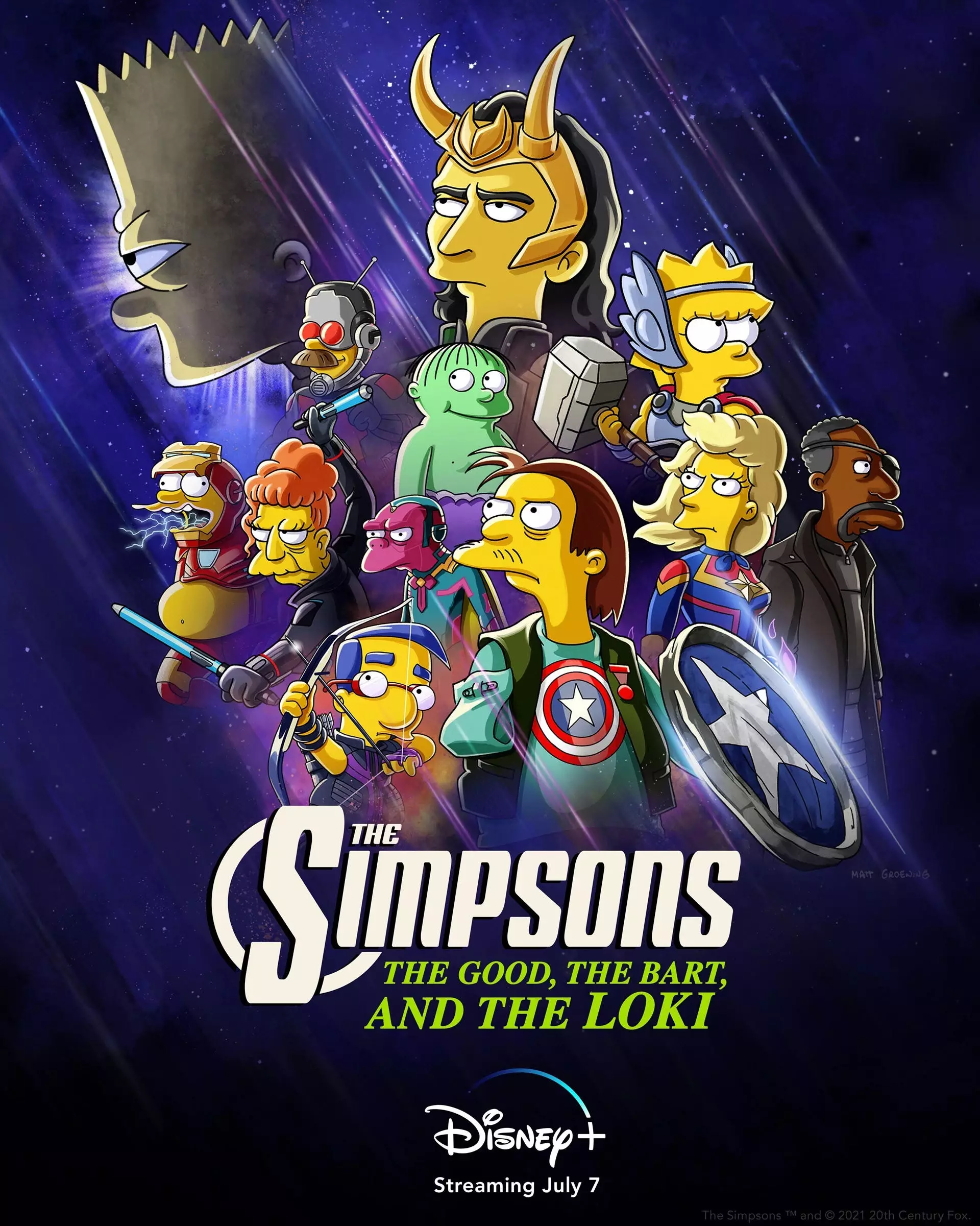 Loki omring deur karakters van 'The Simpsons' geklee as Avengers.