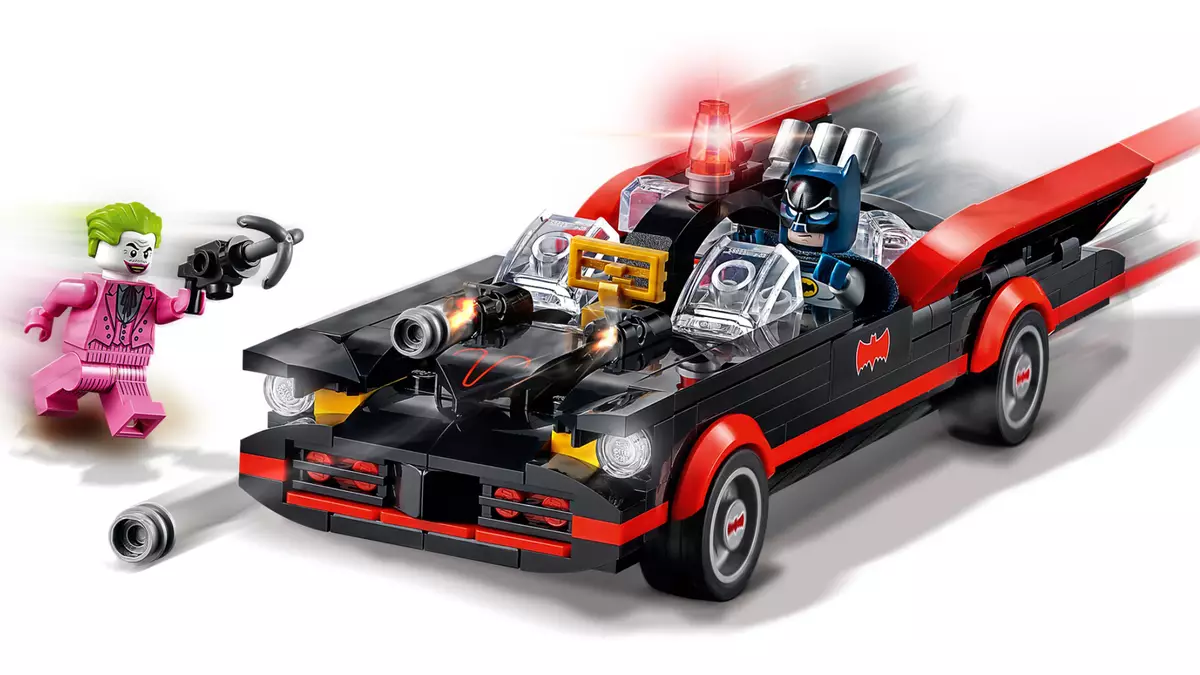 Batman televizyon klasik Batmobile LEGO ansanm ak minifigir Batman ak Joker la