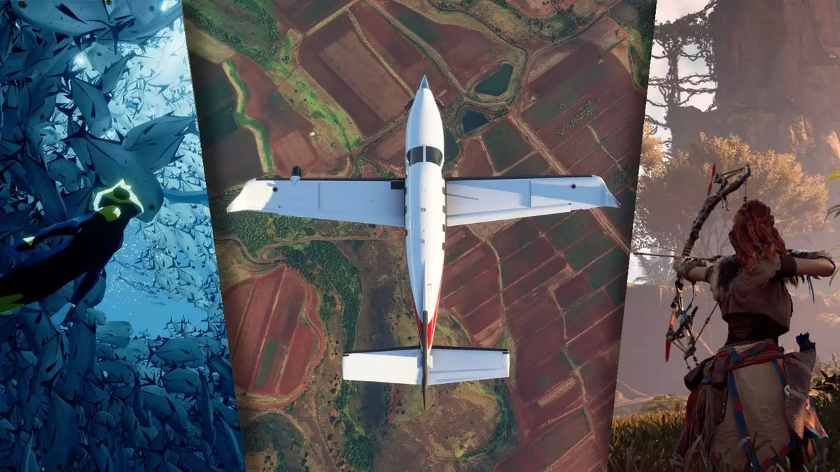 bilder av ABZU, Microsoft Flight Simulator och Horizon Zero Dawn i ett collage
