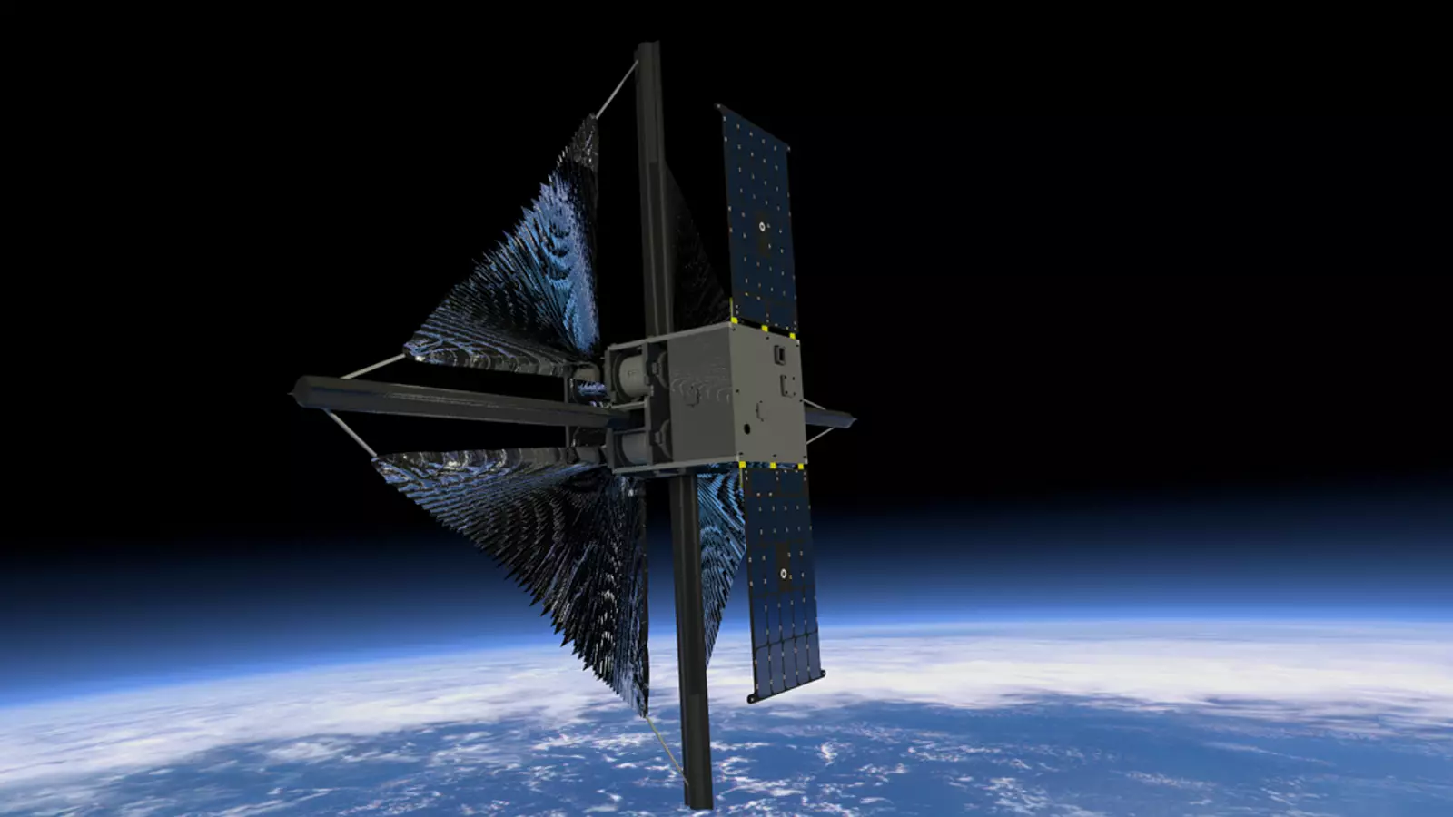 Ілюстрація, на якій показано, як сонячне вітрило починає розгортатися після розгортання сонячних батарей космічного корабля