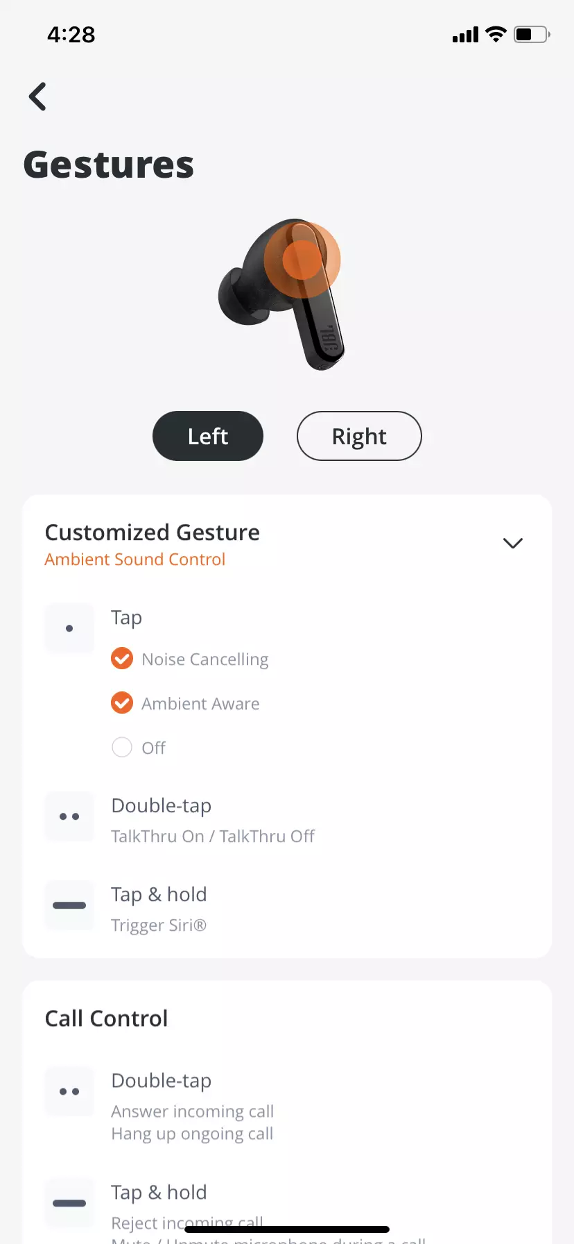 JBL mobil tətbiqi jestləri xüsusiyyət ekranı