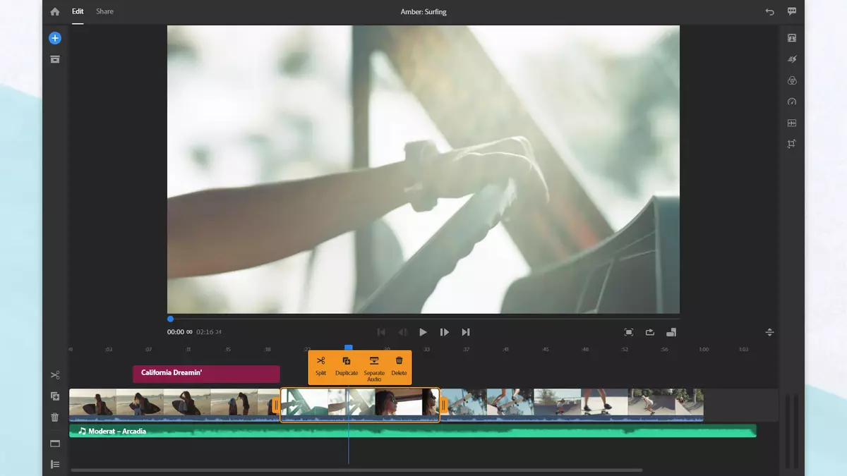 „Adobe Premiere Rush“ su kontekstiniu meniu ekrane.