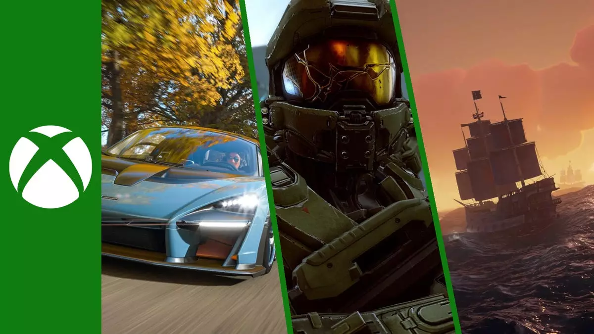 带有 Xbox One 标志的 Forza Horizon 4、Halo 5: Guardians 和 Sea of Thieves 的游戏图像。