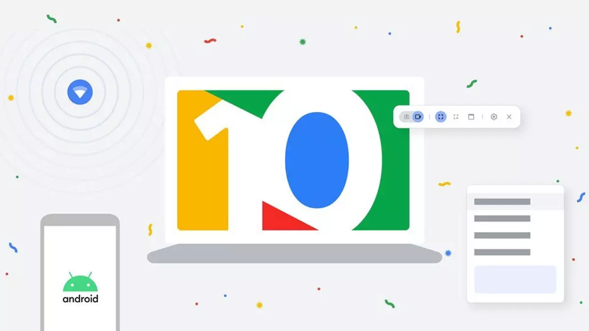 Maketo de Chromebook kun la numero 10 en Guglo-koloroj sur la ekrano.