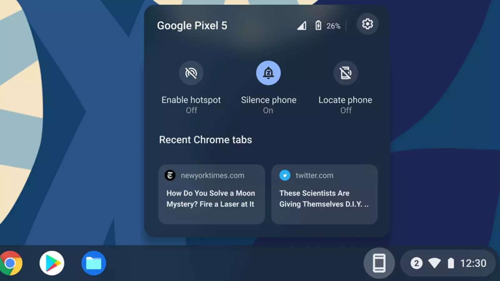 Chrome OS પર એક ફોન હબ ફોનની બેટરી જીવન અને Wi-Fi કનેક્શન જણાવે છે.
