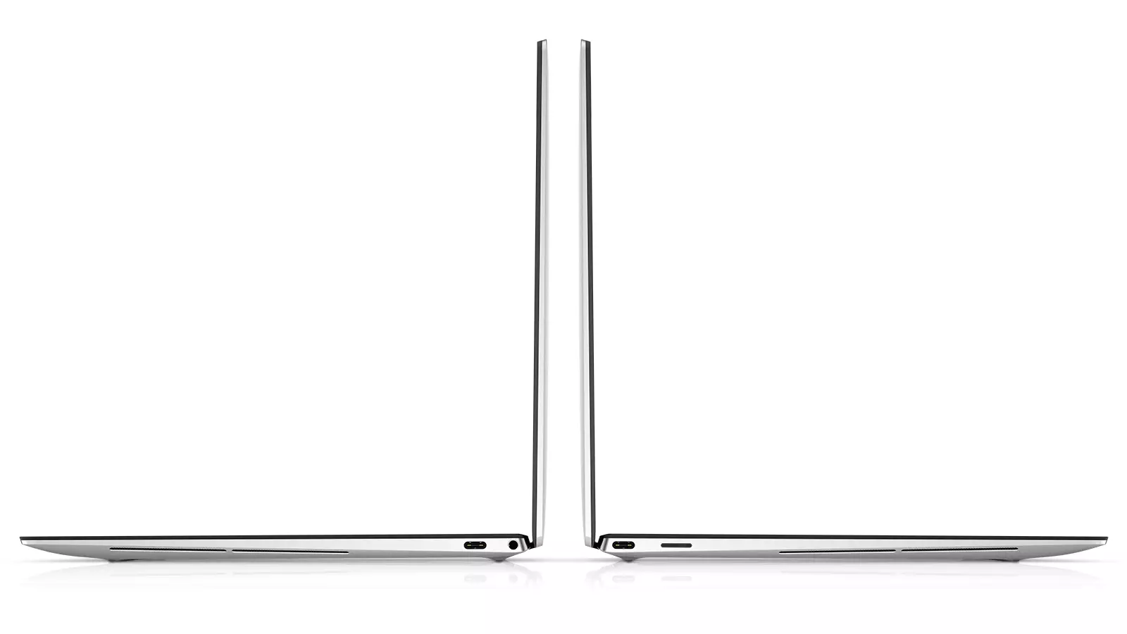 Pogled z leve in desne strani novega prenosnega računalnika Dell XPS 13, s pogledom na vrata in 3,5 mm priključkom za slušalke