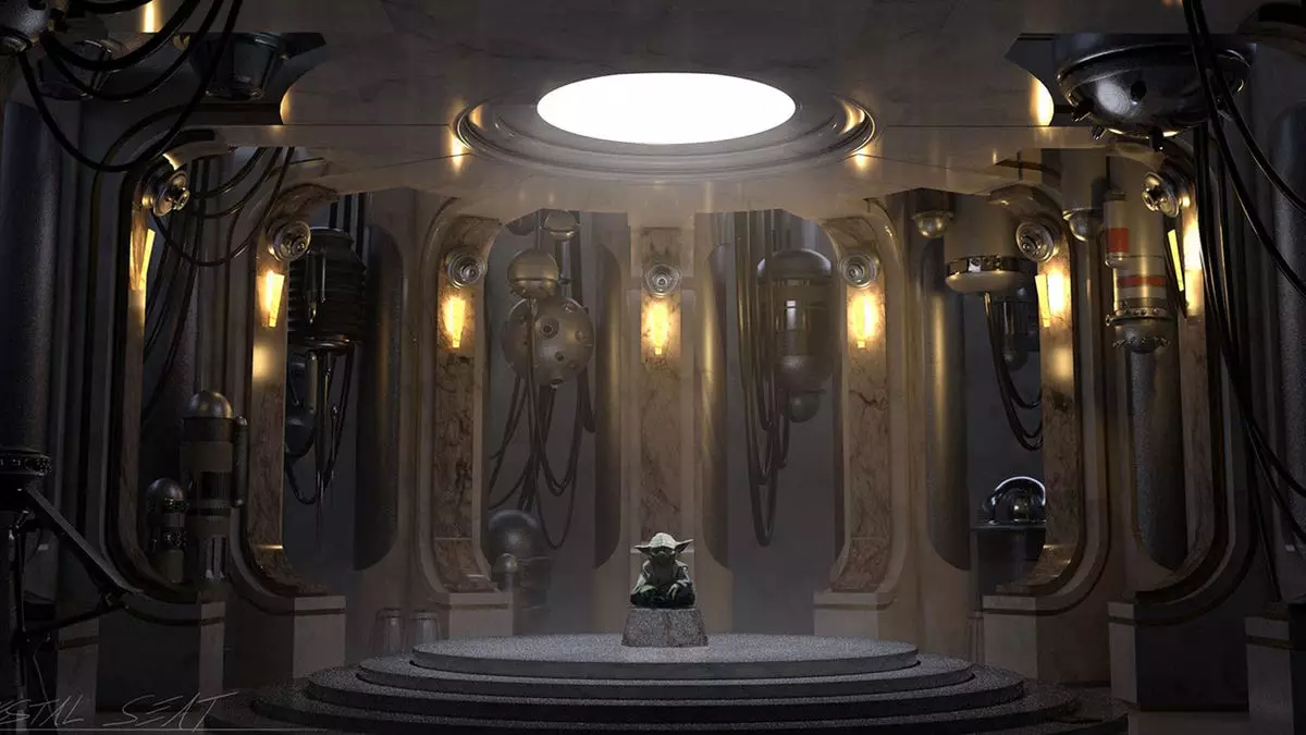 Mhusika Yoda kutoka 'Star Wars' akitafakari katika kituo cha matengenezo ya droid.