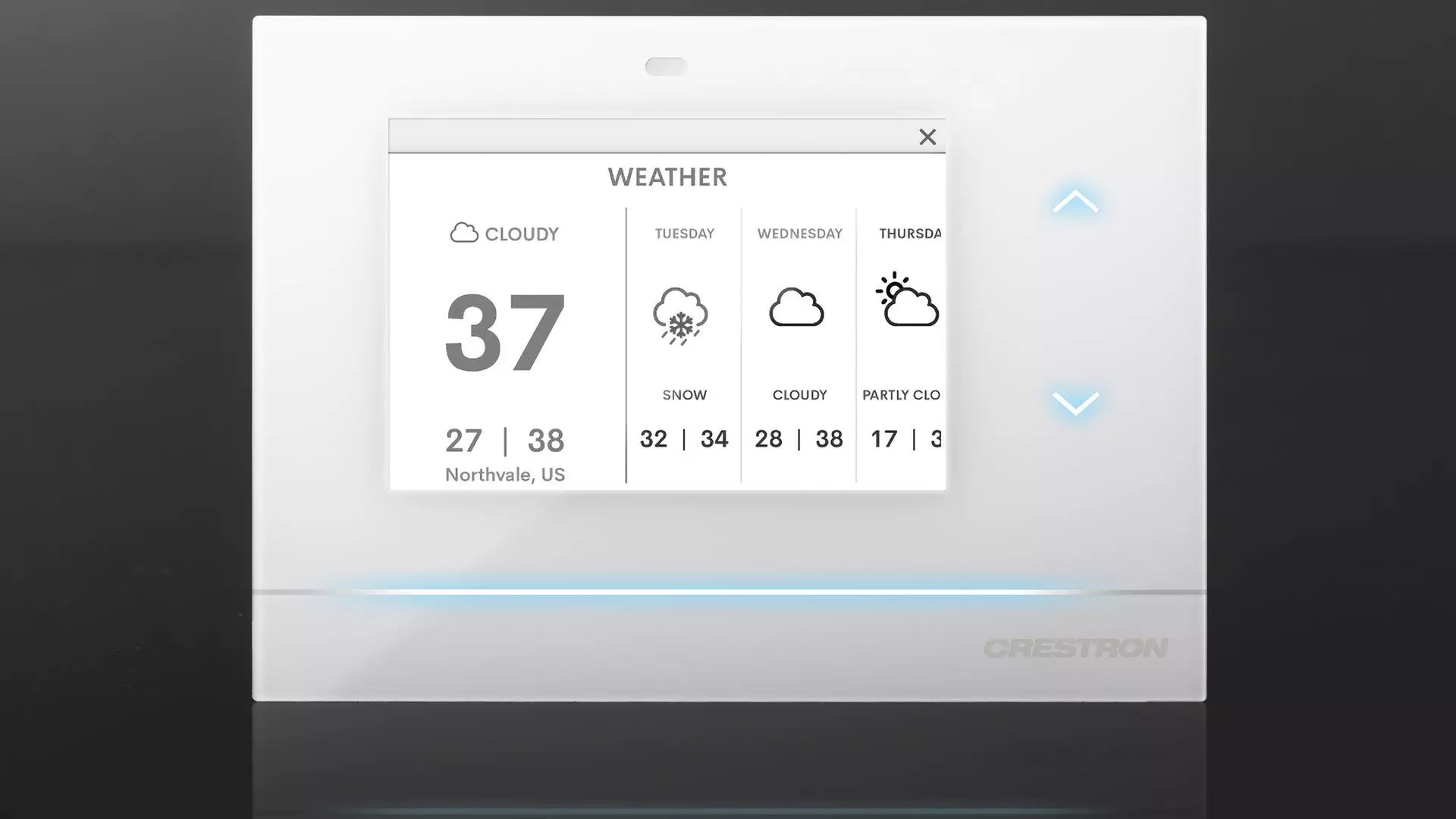 Un termostato Crestron que mostra o tempo que se aveciña