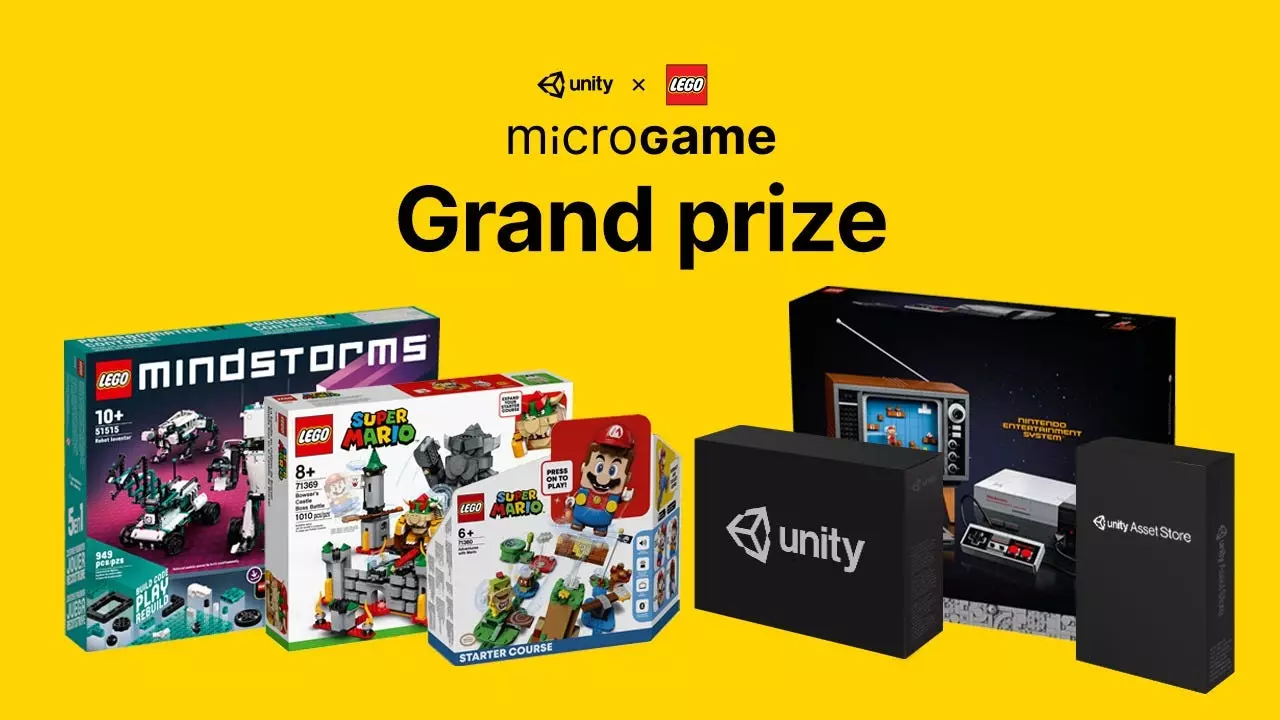 Снимка на големите награди, включително четири комплекта LEGO и два актива Unity.