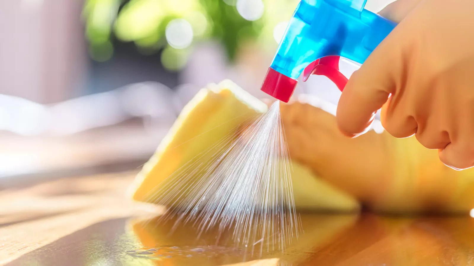 Rengøring med spray rengøringsmiddel, gummihandsker og karklud på en overflade