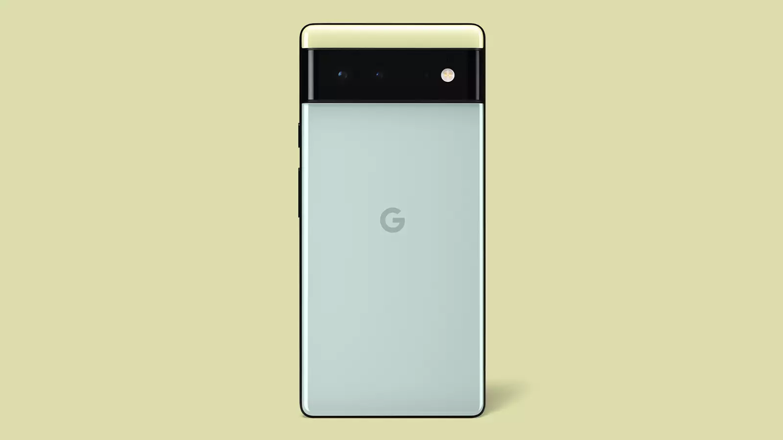 Bagsiden af Google Pixel 6 smartphone mod grønlig baggrund