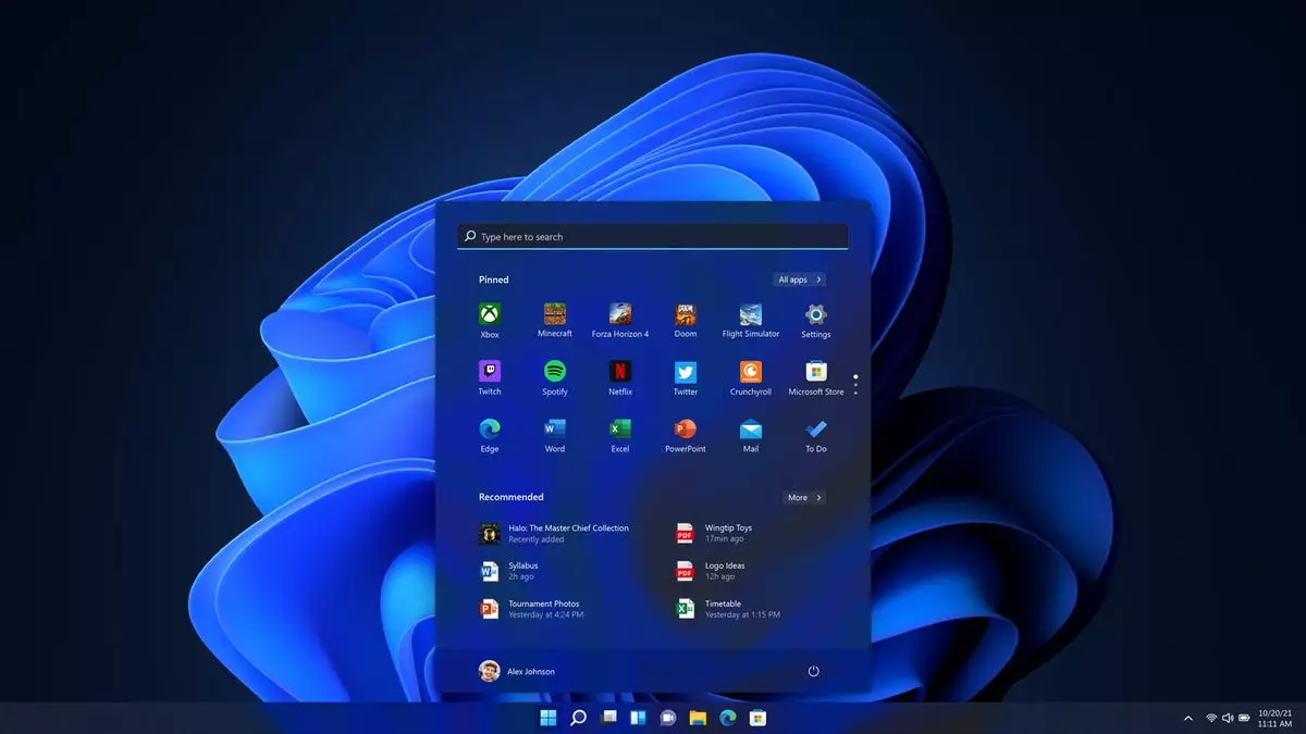 Domovská obrazovka Windows 11 v Dark Theme mdoe