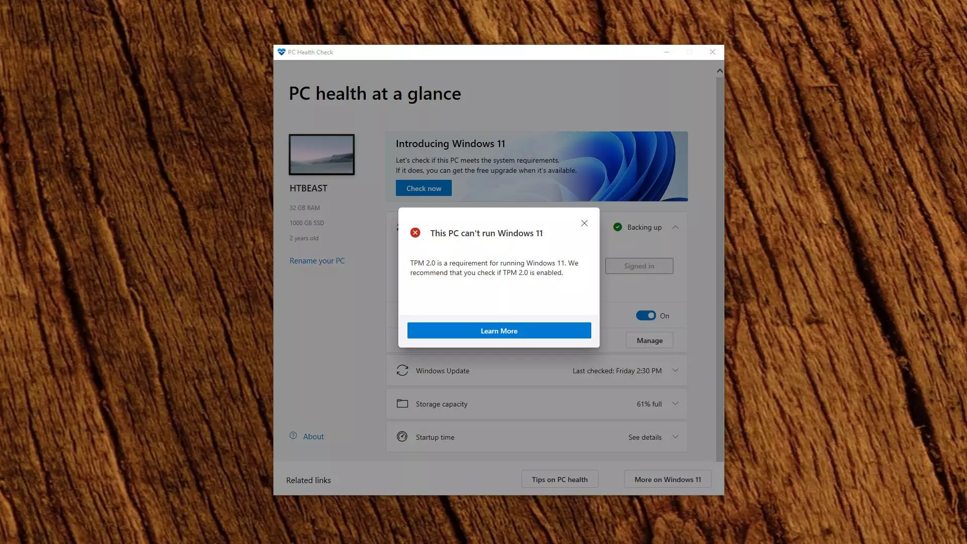 Et PC Health-verktøy som viser en grunn til ikke å kjøre Windows 11