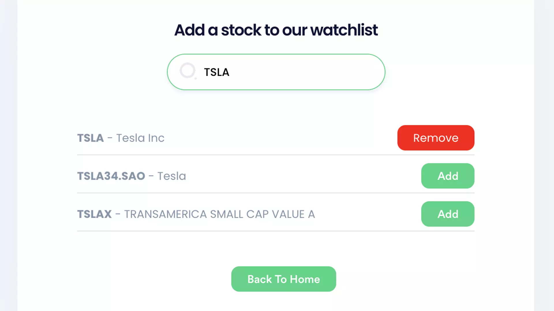 En skærm med muligheder for at tilføje Tesla til aktiesporing.