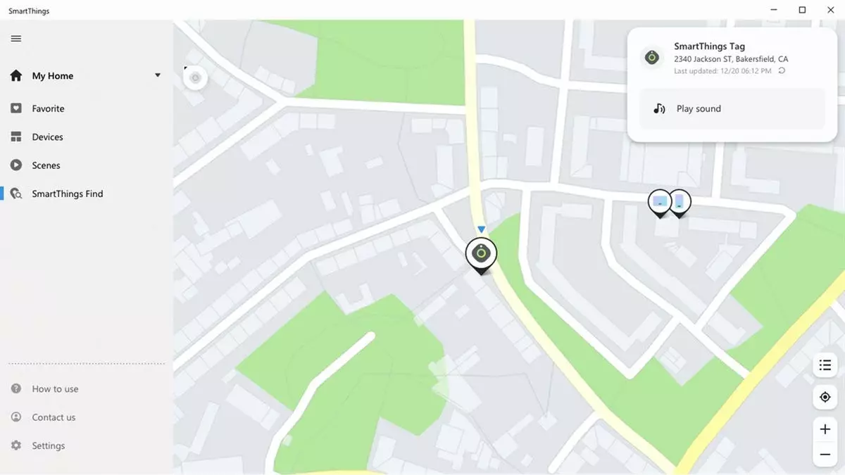 Un'app Samsung SmartThings per PC con una mappa che individua un tag.