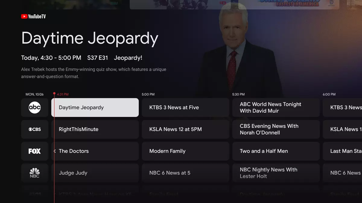 D'Live TV Vue op den neie Chromecast mat Google TV. Et weist Daytime Jeopardy.