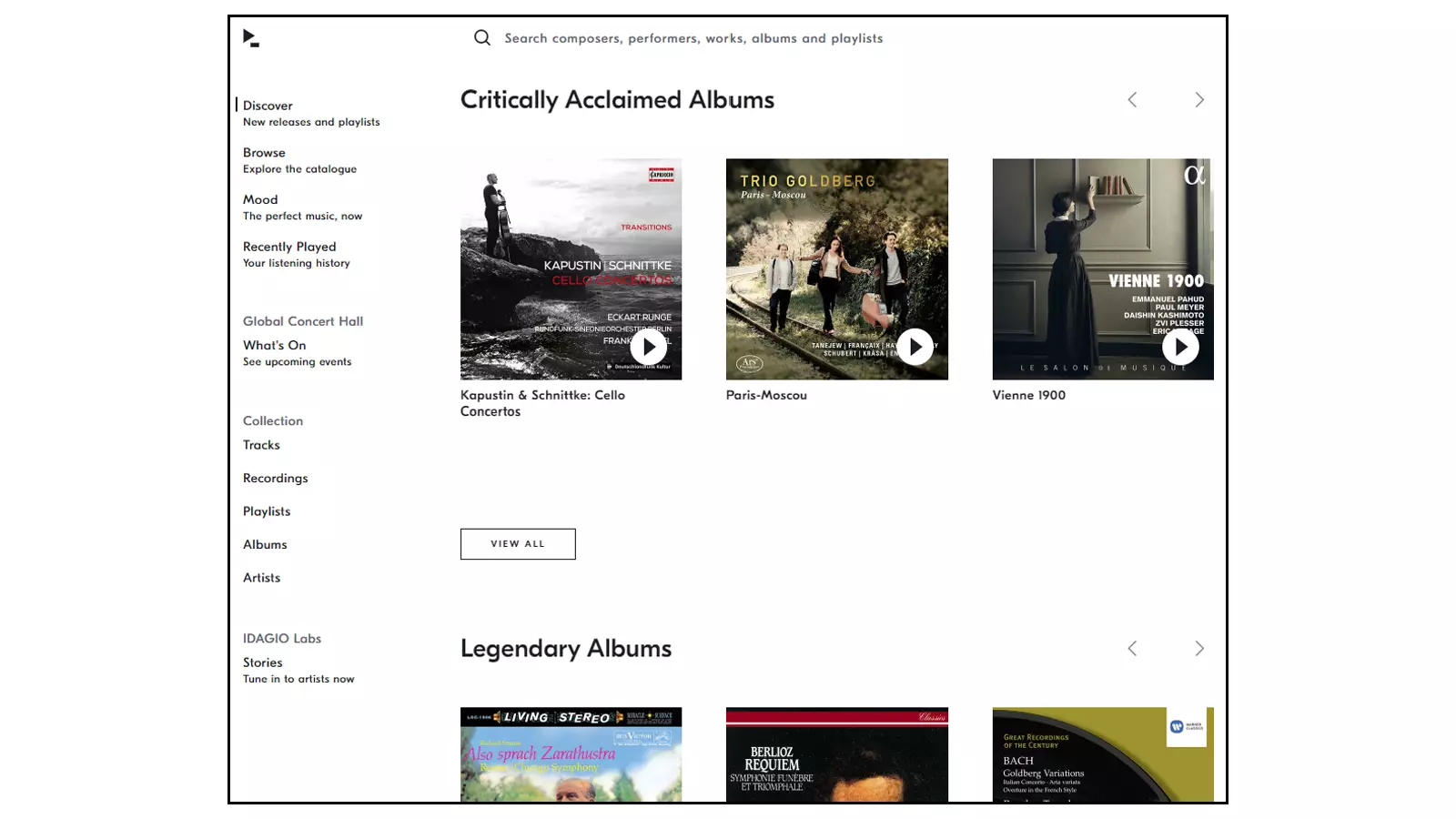 Idagio klasszikus zenei streaming szolgáltatás honlapja