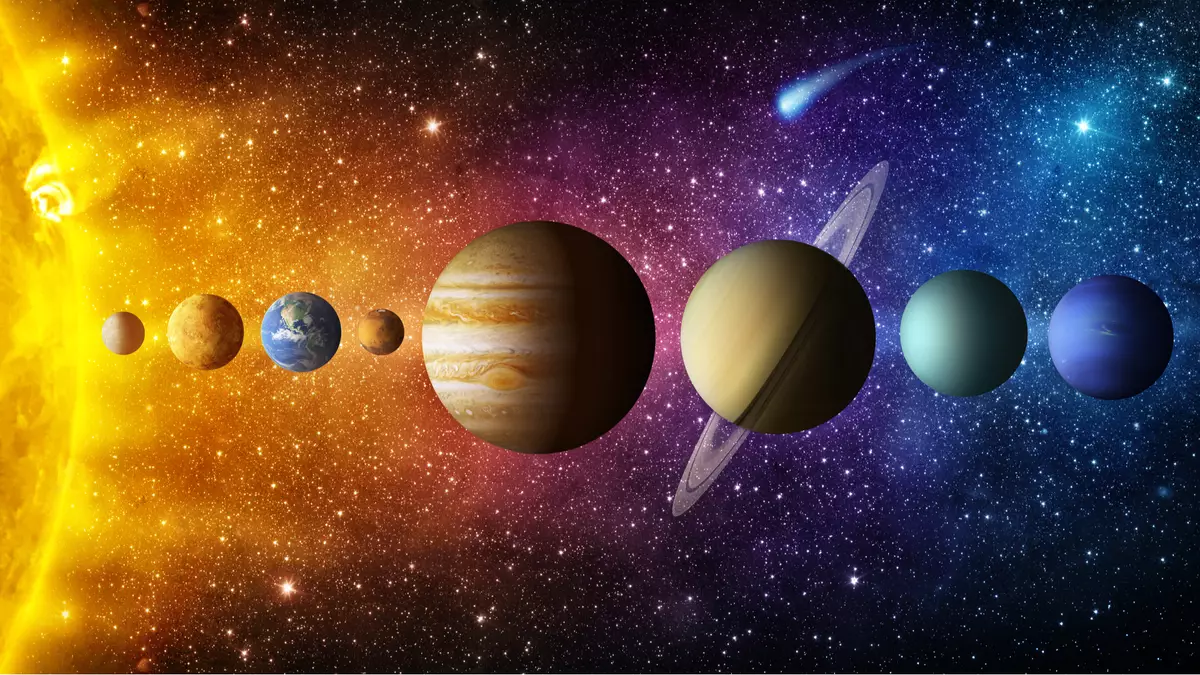 Aurinkokunnan planeetta, komeetta, aurinko ja tähti. Tämän kuvan osat ovat NASA:n toimittamia. Aurinko, Merkurius, Venus, Maa, Mars, Jupiter, Saturnus, Uranus, Neptunus.
