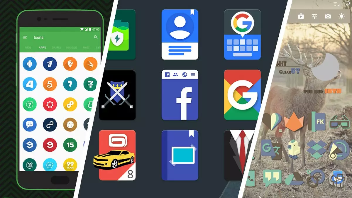 Rondo, Verticons və Aura Android ikon paketlərinin şəkilləri kollajda.