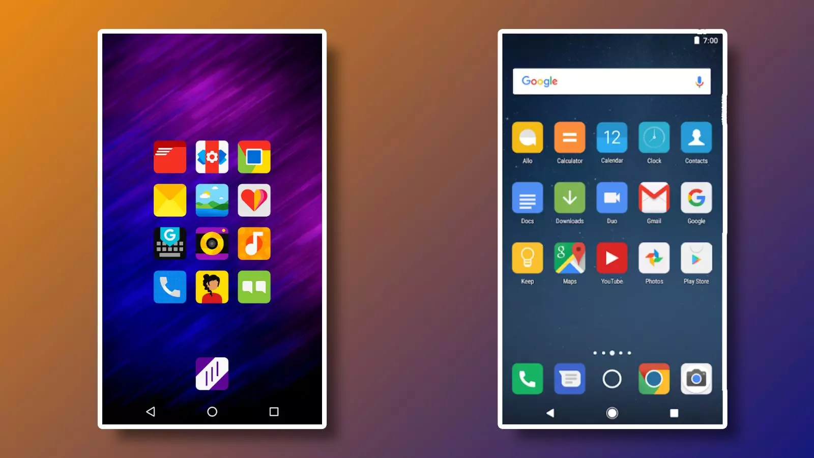 bilder av Apex och Nova Android launchers med alternativa ikonpaket installerade.