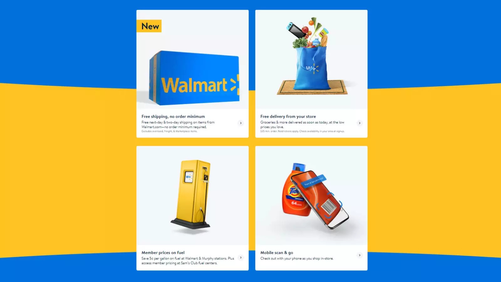 အကျိုးခံစားခွင့်များအားလုံးကို ဖော်ပြထားသော Walmart+ ဆင်းသက်သည့်စာမျက်နှာ