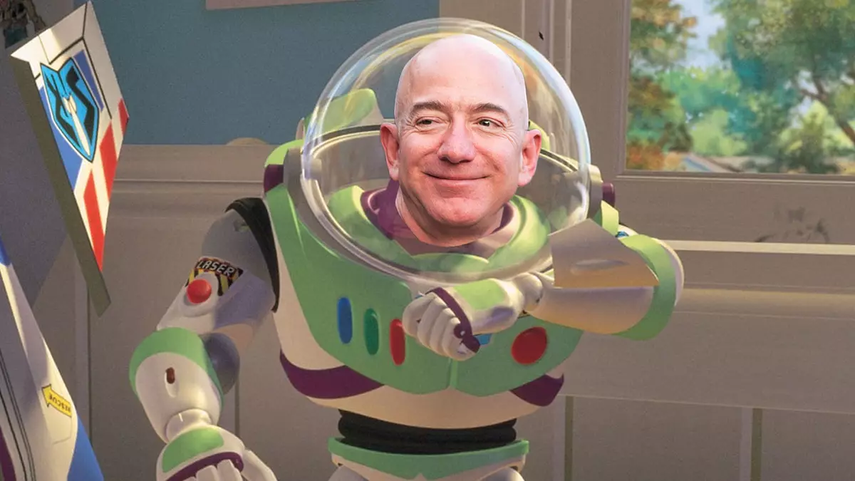 Jeff Bezos fotografis pri Buzz Lightyear.