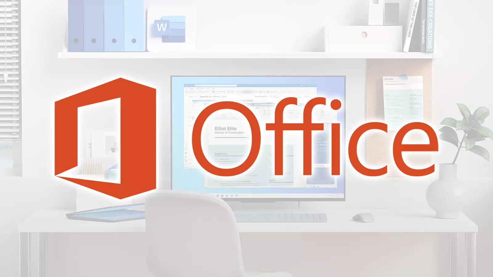 Die Microsoft Office-logo oor 'n beeld van 'n lessenaar.