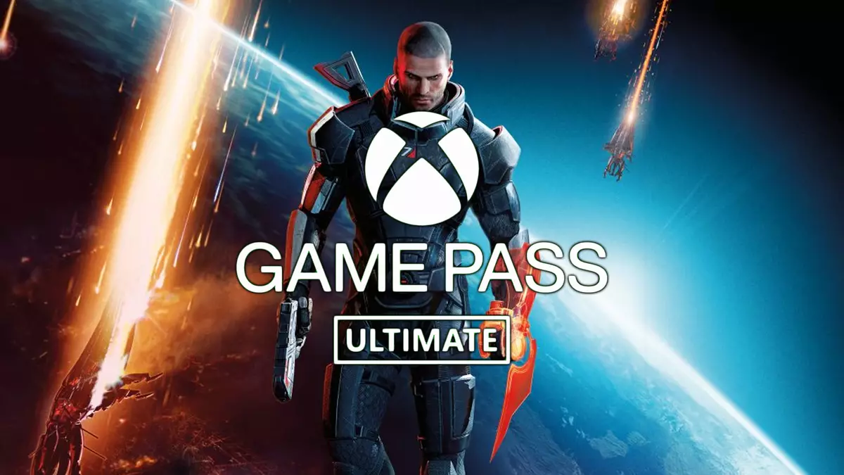 Usa ka litrato gikan sa Mass Effect nga adunay logo sa Game Pass Ultimate.