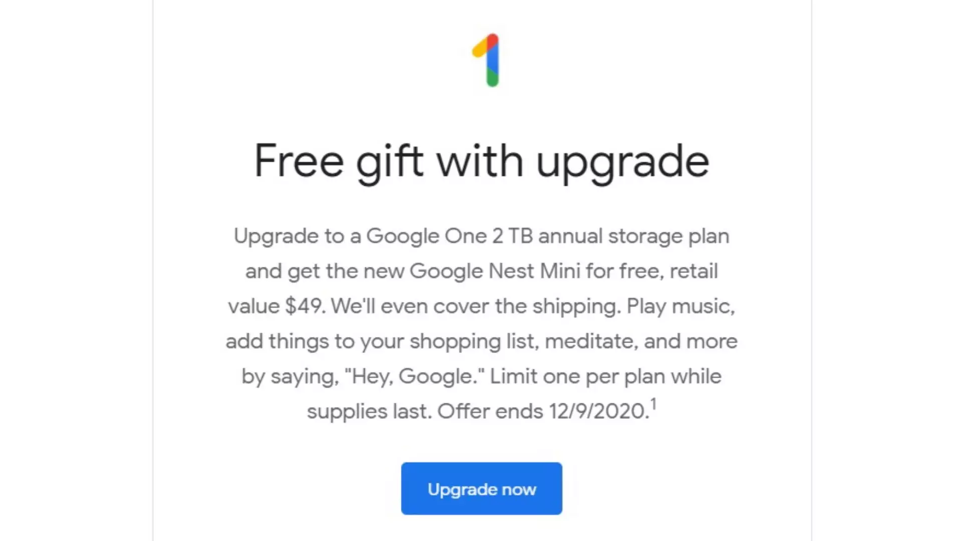 Nest Mini gratis sareng tawaran Google One 2 TB