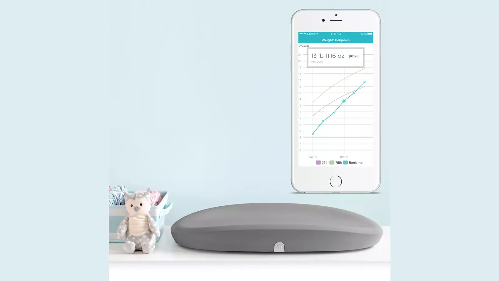 Podloga za presvlačenje Hatch Baby Grow Smart na stolu pored slatkih igračaka za bebe i popratne mobilne aplikacije na pametnom telefonu
