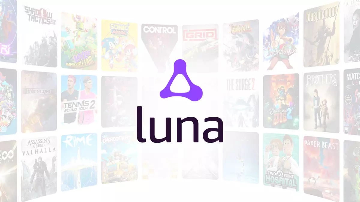 „Amazon Luna“ logotipas virš kai kurių populiarių žaidimų dėžutės.