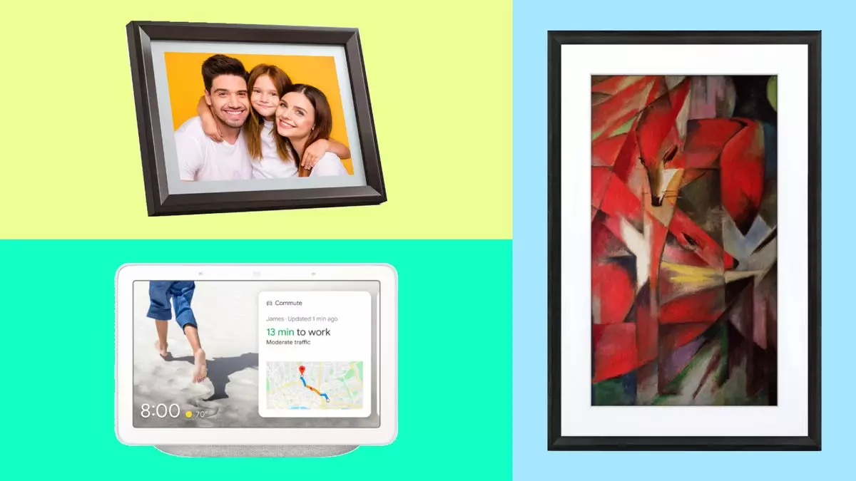 Dragon Touch Digital Picture Frame, Google Nest Hub und Meural Canvas II in einer Collage.