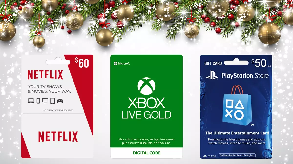 Tarjetas de regalo de Netflix, Xbox y PlayStation sobre fondo de vacaciones de invierno